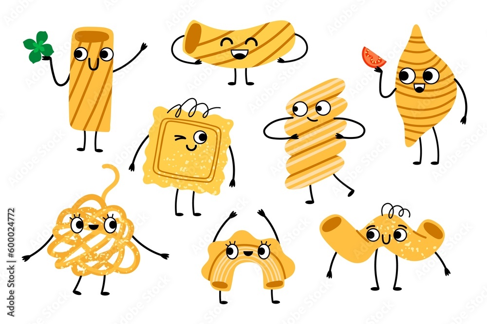 Cute pasta characters. Cartoon smiling ravioli, spaghetti, spirals ...