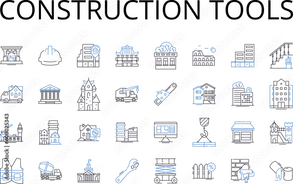 Construction tools line icons collection. Bulldozer, Excavator, Crane ...
