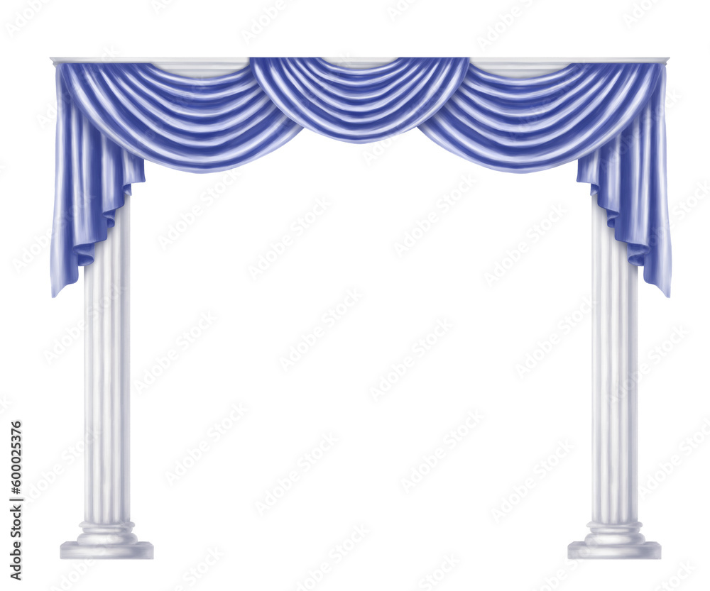 An arch of white marble columns and hanging drapery curtains in the ...