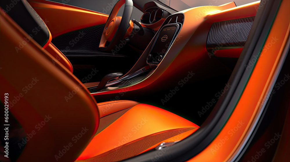 Modern orange supercar interior with the leather panel, sport seats ...