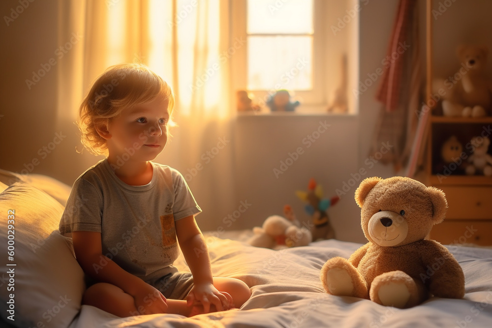Toddler, sad or nearly crying young boy child kid at home on bed in the ...