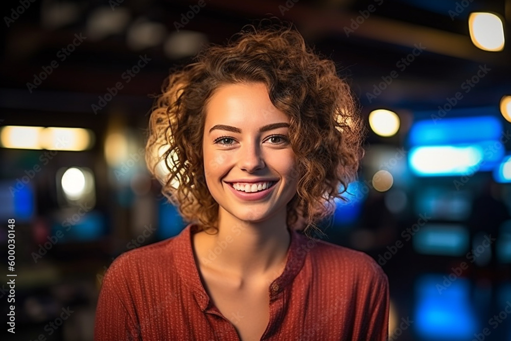 tv presenter in the tv studio, portrait video recording, smiling ...