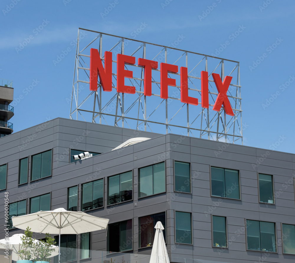 A sign atop Netflix Hollywood Offices on Vine St. in Los Angeles ...