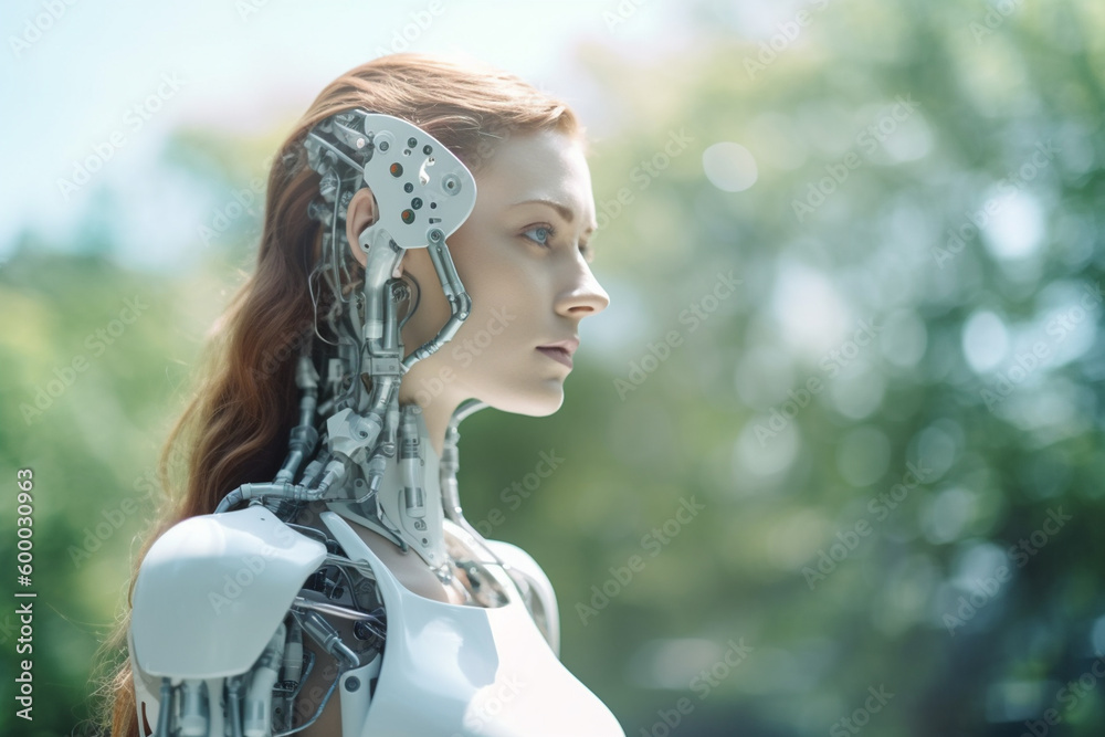 a woman half-robot or a humanoid android with artificial intelligence ...