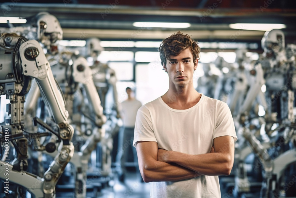 a young man between rows of robots, fictitious happening. Generative AI ...