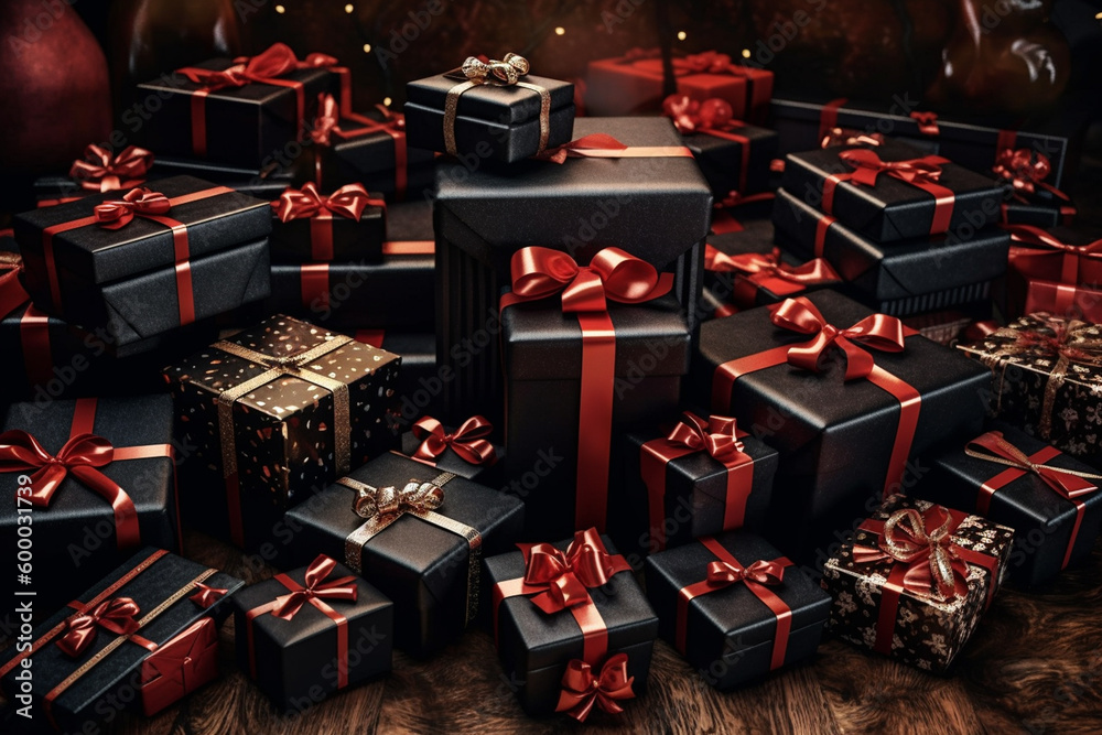 christmas presents in row and pile of christmas gifts. Generative AI ...