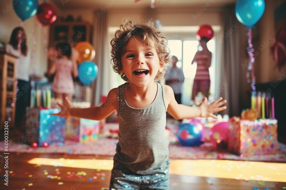 little kid laughing and looking forward smiling, hands and arms up with ...