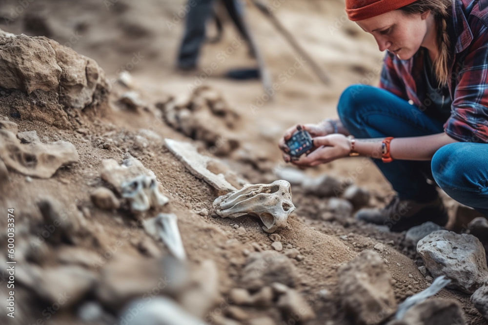 crime scene or archaeologist at an excavation site and ancient humanoid ...