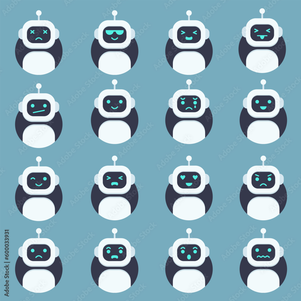 Cute robot head avatar set. Chat bot emoticon with different faces. for ...