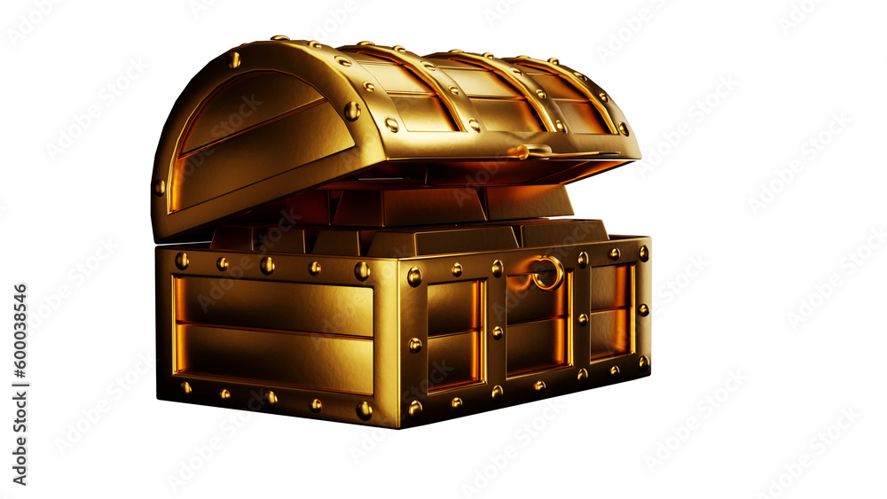 Open golden treasure chest box with gold bar 3D rendering ilustração do ...