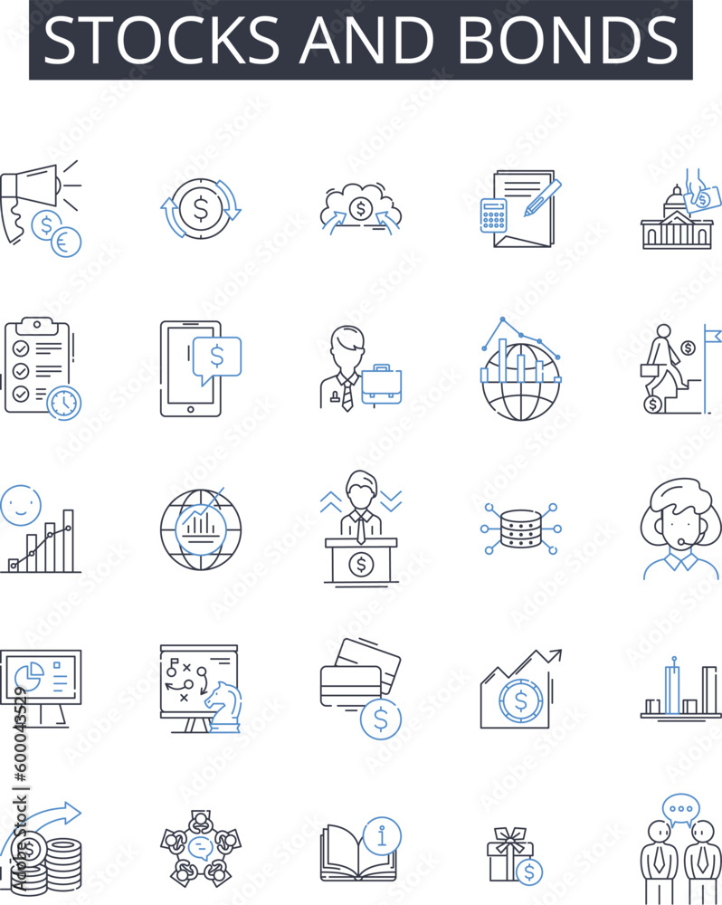 Stocks and bonds line icons collection. Debt and Equity, Buy and Sell ...