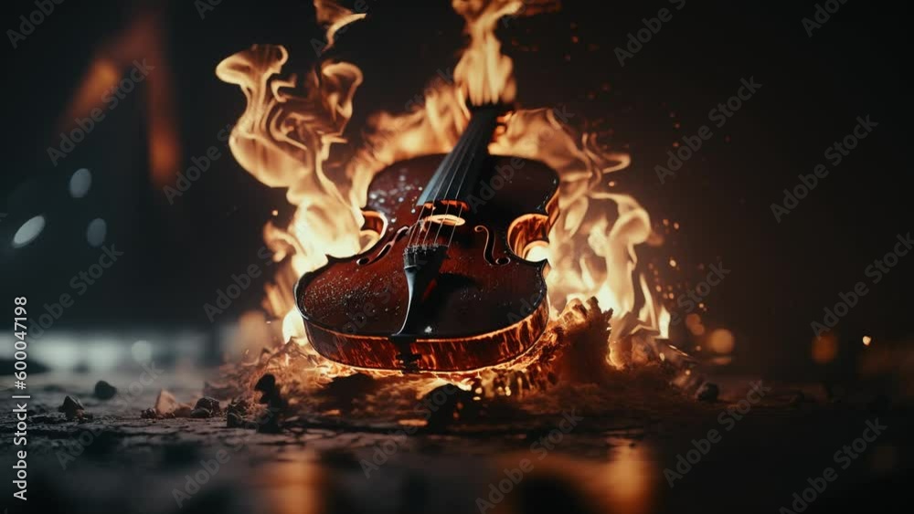Violin burning, consumed by flames, This mesmerizing 4K footage ...