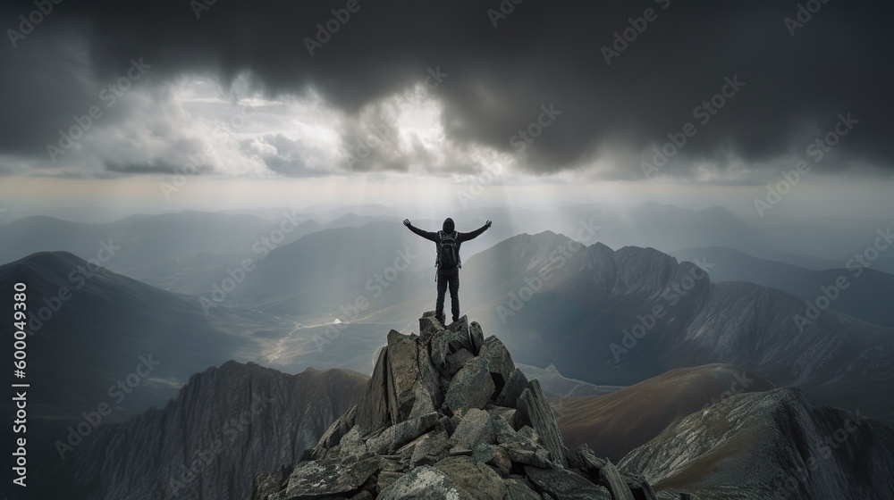 generative AI, A person standing alone on a mountain peak their arms ...