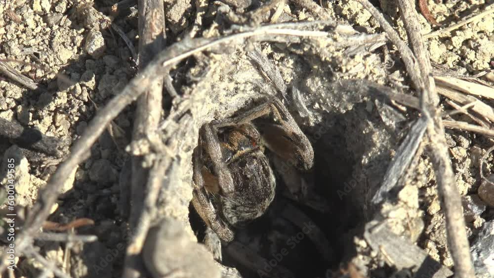 Burrowing wolf spider, large and furry, peeks out of its burrow ...