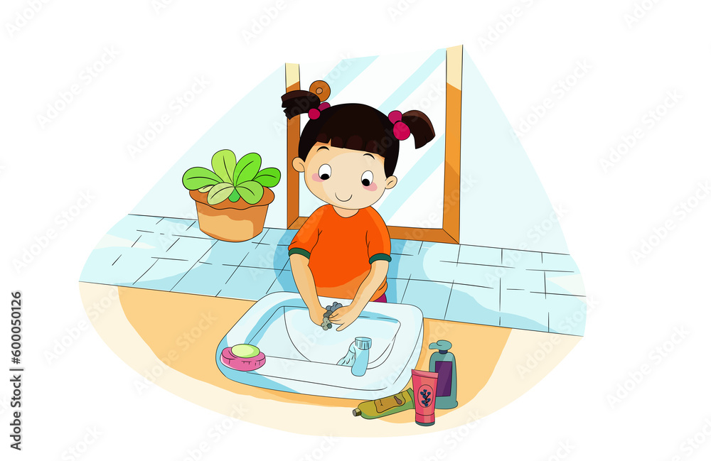 Cute little girl washing her hands in the sink concept cartoon flat ...