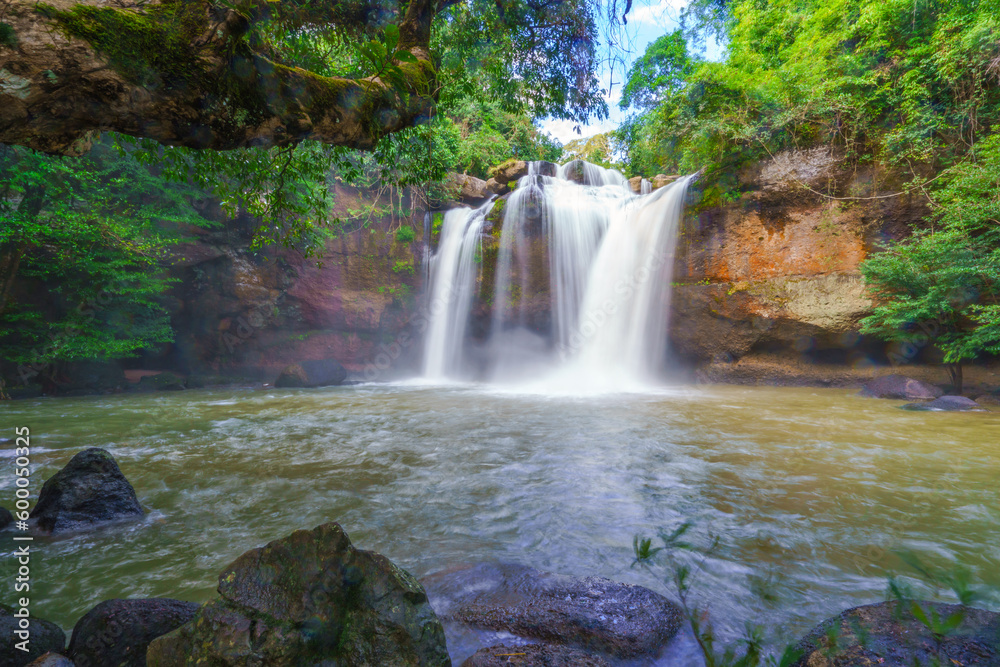 Beautiful waterfall with sunlight in jungle, Haew Suwat Waterfall at ...