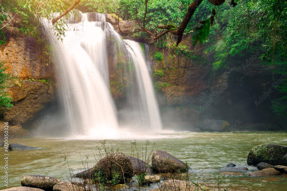 Beautiful waterfall with sunlight in jungle, Haew Suwat Waterfall at ...
