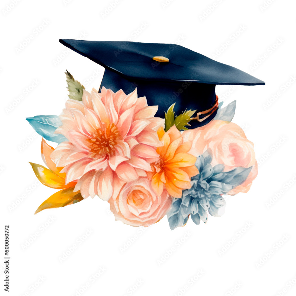Graduation cap with flower bouquet watercolor AI generative ...