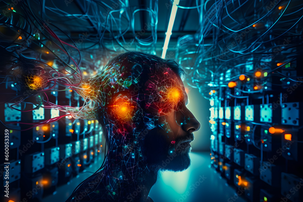 Profile of a male head connected by neurons to a computer processor ...