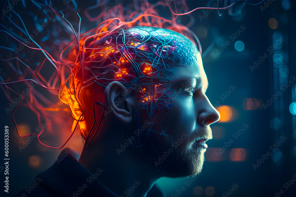 Profile of a male head connected by neurons to a computer processor ...