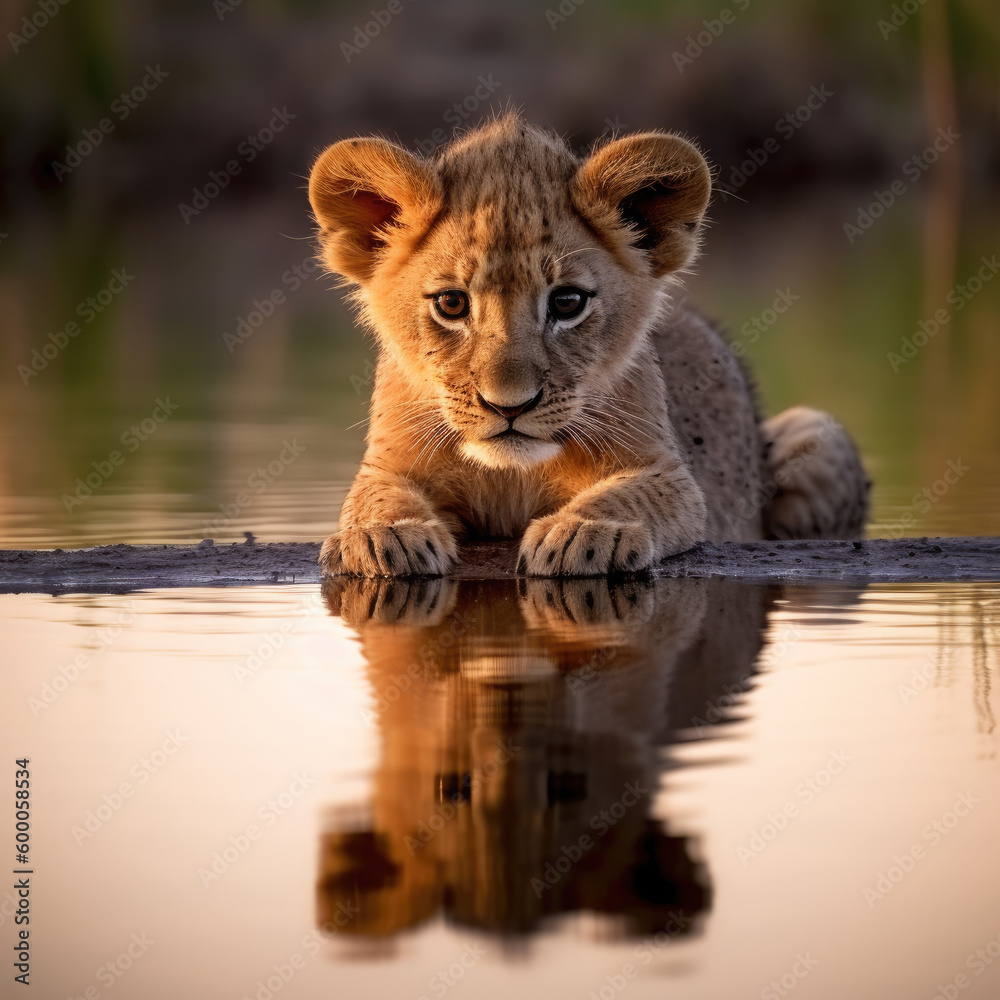Cute lion cub at waterfront looking at camera Stock Illustration ...
