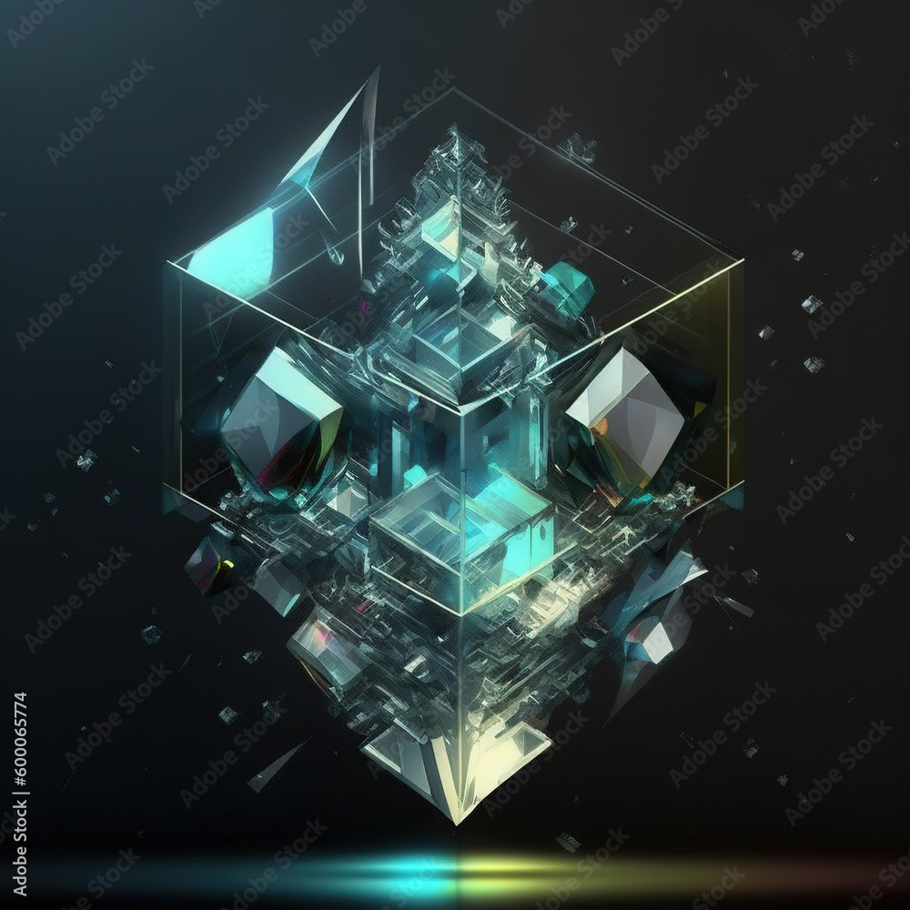 Modern digital abstract art of glassy geometric transparent cubic shape ...