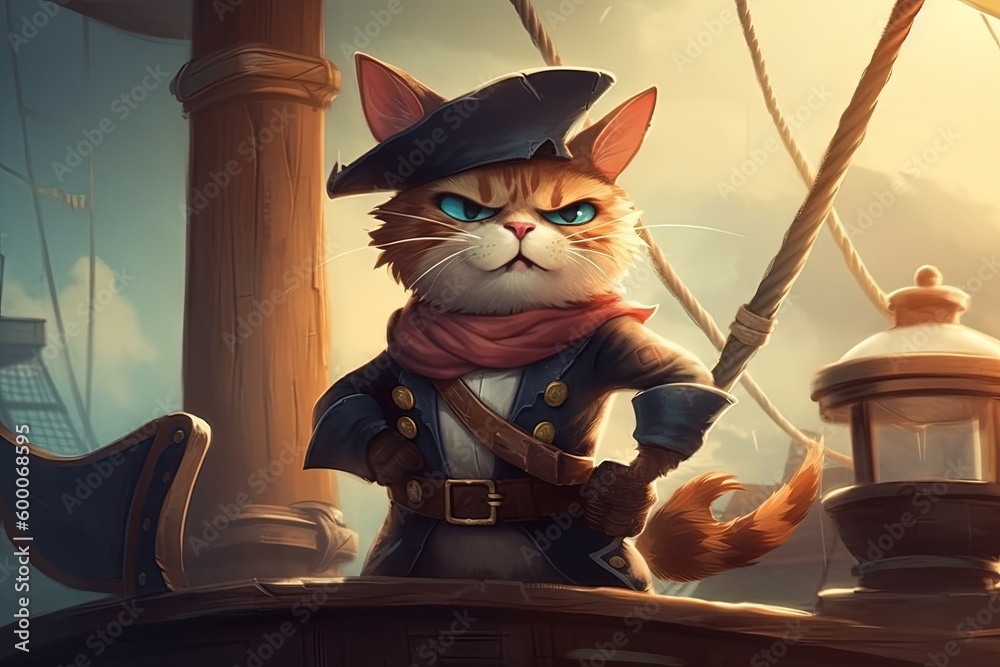 Cat swashbuckling pirate, wearing tricorne hat standing on the deck of ...