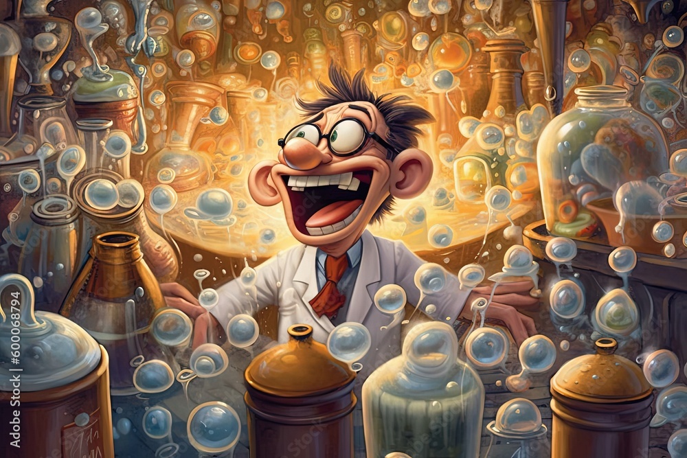 Mad scientist, surrounded by bubbling beakers and whirring machines ...
