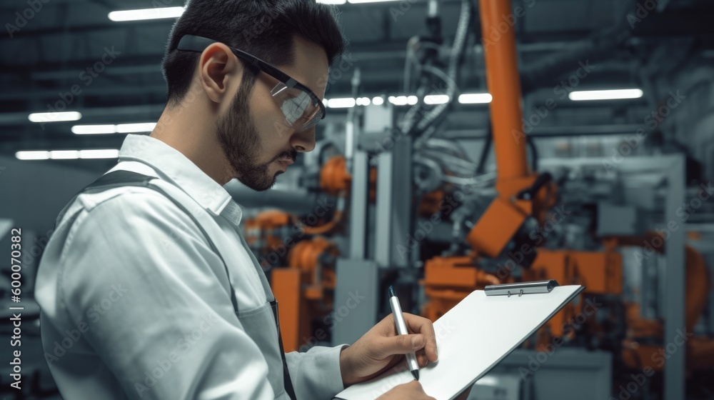 Hispanic engineer male writing checklist with serious looking, standing ...
