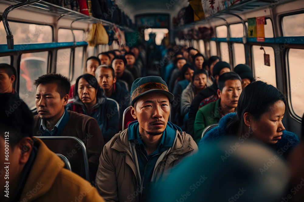 Crowded bus travels along the route. Many people in transport ...
