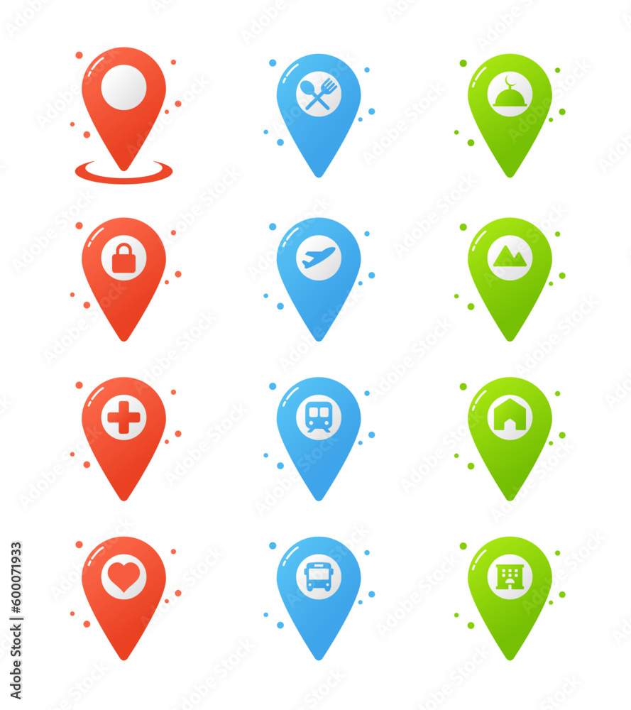 Location pin place marker of restaurant, mosque, lock, airport, mountain and other. Map marker ...