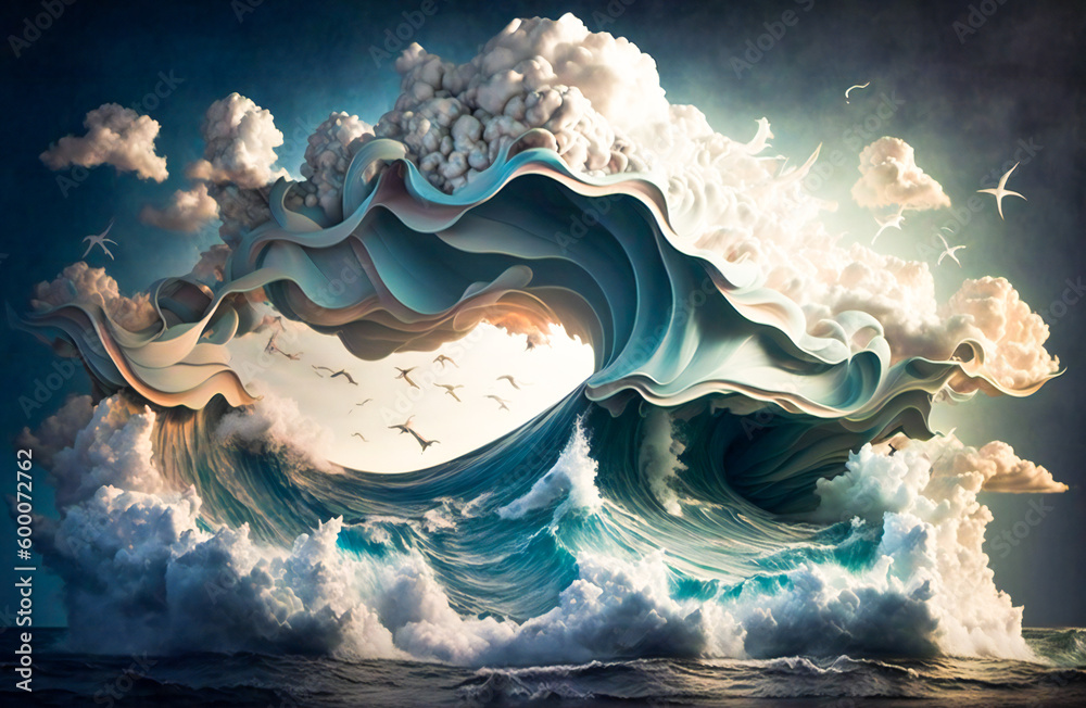 Abstract stylized ocean waves and clouds. Created with Generative AI ...