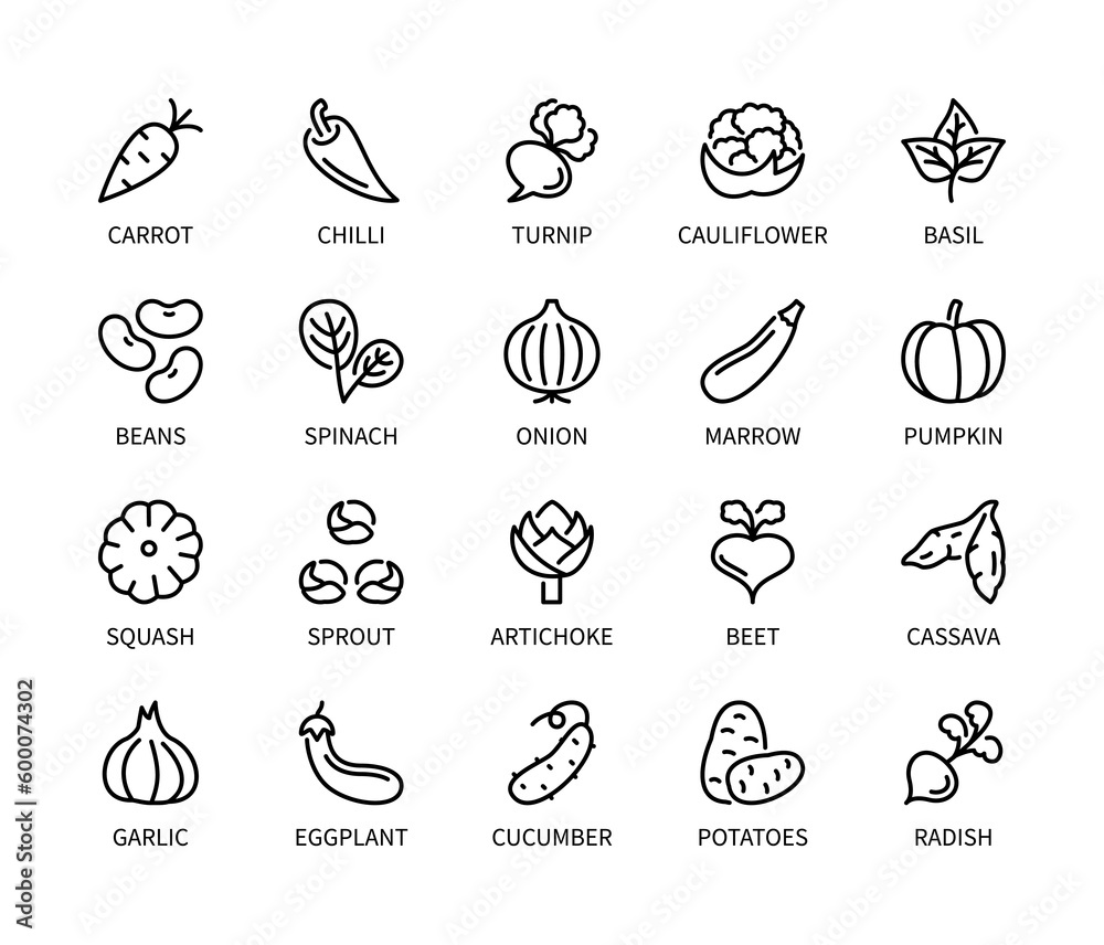 Vegetables, simple set of vector linear icons. Collection of vegetables ...