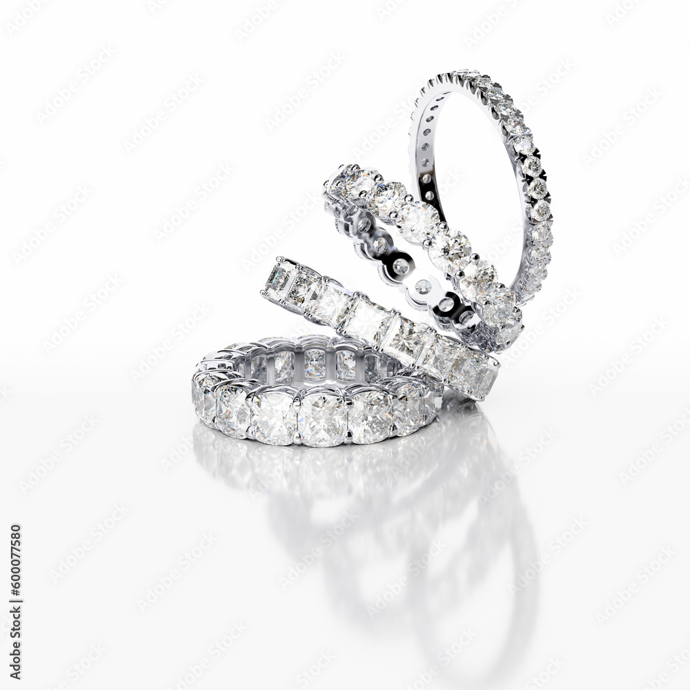 Multiple diamond eternity rings on white background. 3d rendering Stock ...