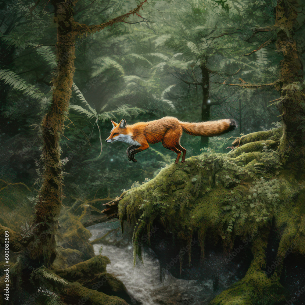 A red fox jumps in a forest over a branch with moss on it created with ...