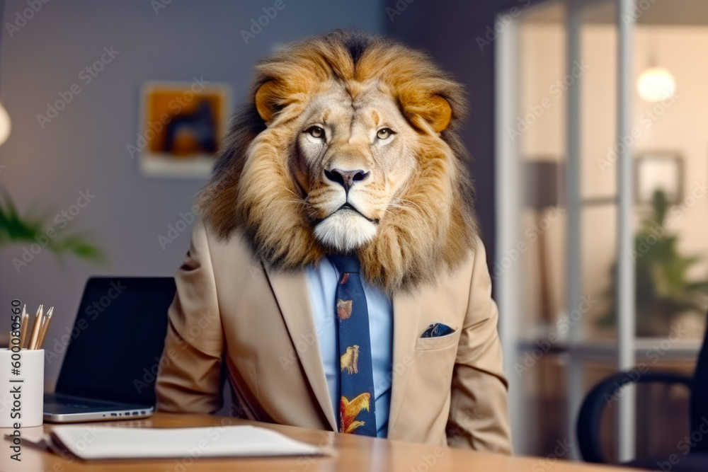 Lion mask sitting on top of desk next to laptop computer. Generative AI ...