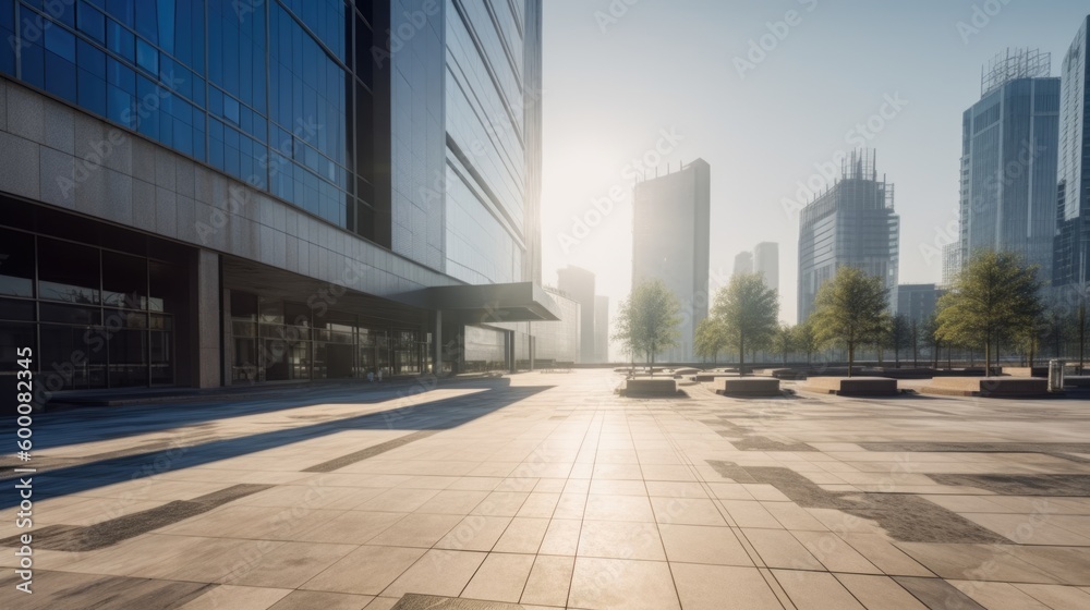 Empty town square with concrete floor in front of office buildings ...