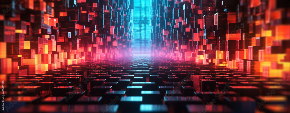Concept art of cybersecurity with glowing neon digital blocks ...