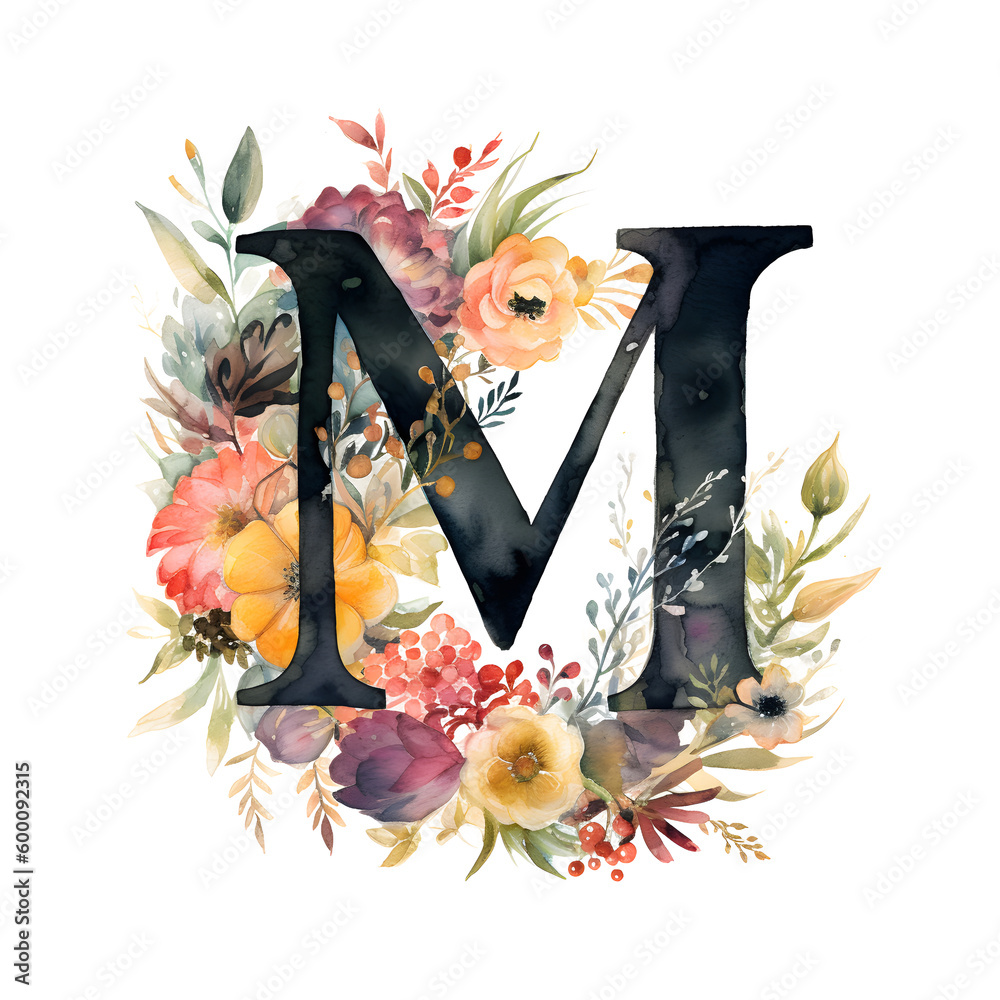 Letter M is surrounded by a vibrant splash of watercolor flowers and ...