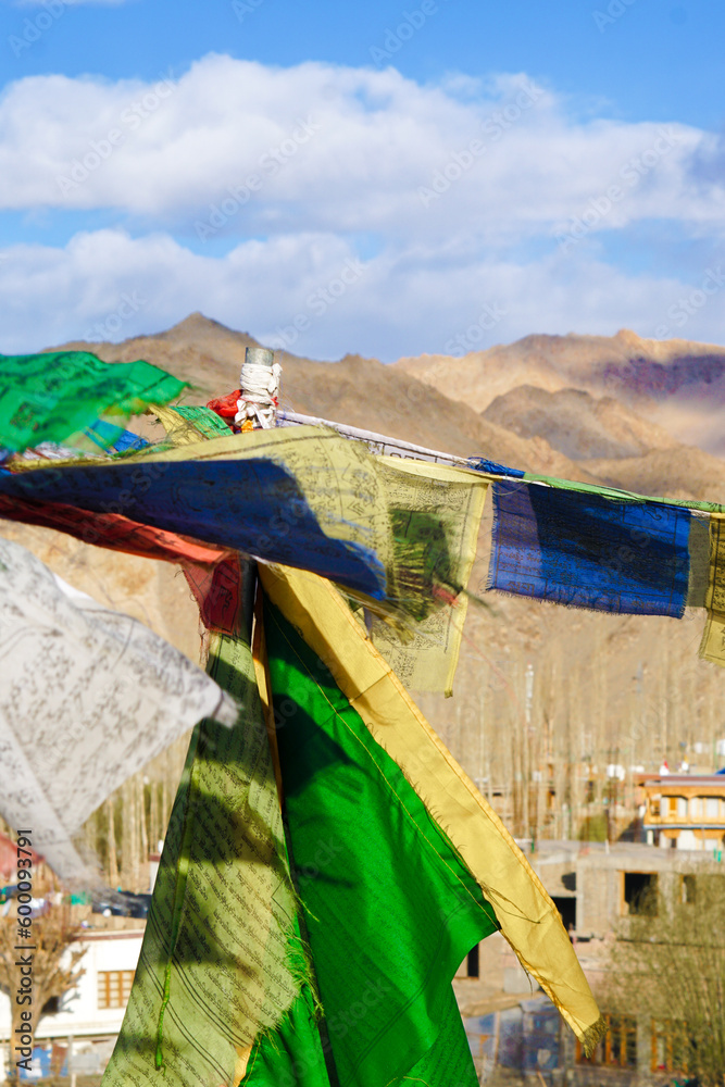 Colorful Buddhism prayer flags, lungta with Buddism symbols in Ladakh ...