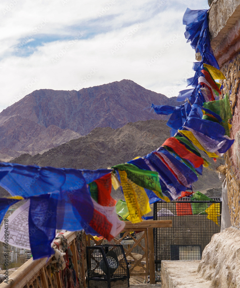 Colorful Buddhism prayer flags, lungta with Buddism symbols in Ladakh ...