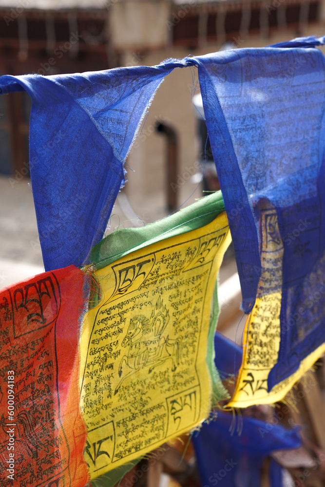 Colorful Buddhism prayer flags, lungta with Buddism symbols in Ladakh ...