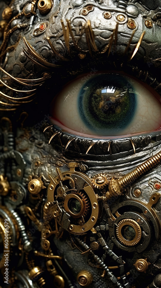 Cyborg eye and face, bronze and gold ancient gears, mechanism ...