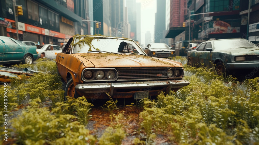 Post-apocalyptic Times Square New York City: billboards fading, cars ...