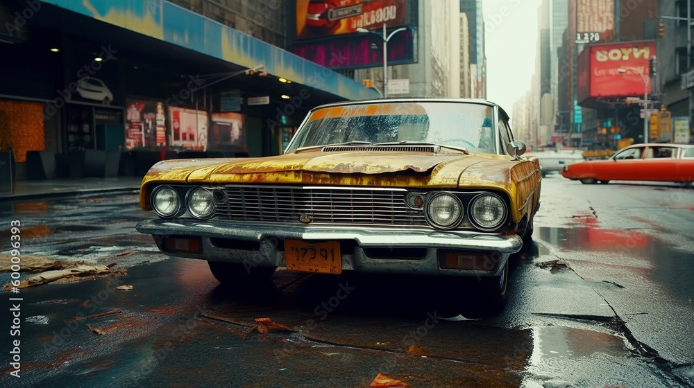 Post-apocalyptic Times Square New York City: billboards fading, cars ...