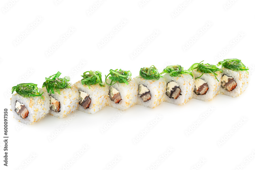 Chuka unagi roll on a white background , classic Japanese sushi. Traditional Japanese food with ...