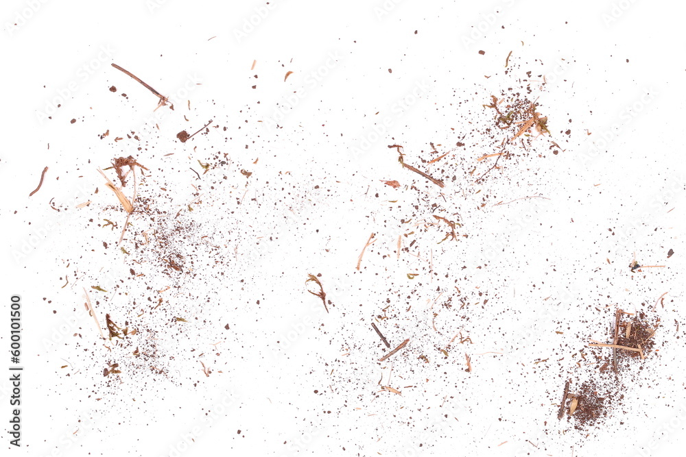 Dirt, soil dust, dry grass isolated on white background, with clipping ...