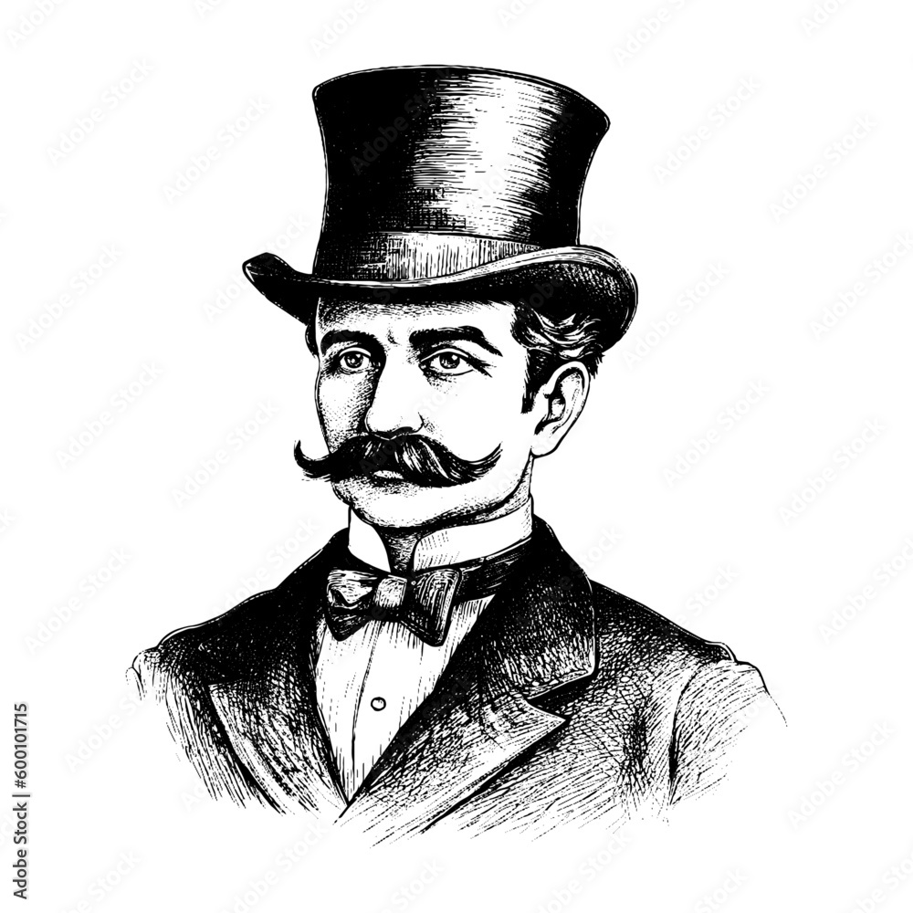 Elegant gentleman in top hat with mustache and whisker. Vintage style ...