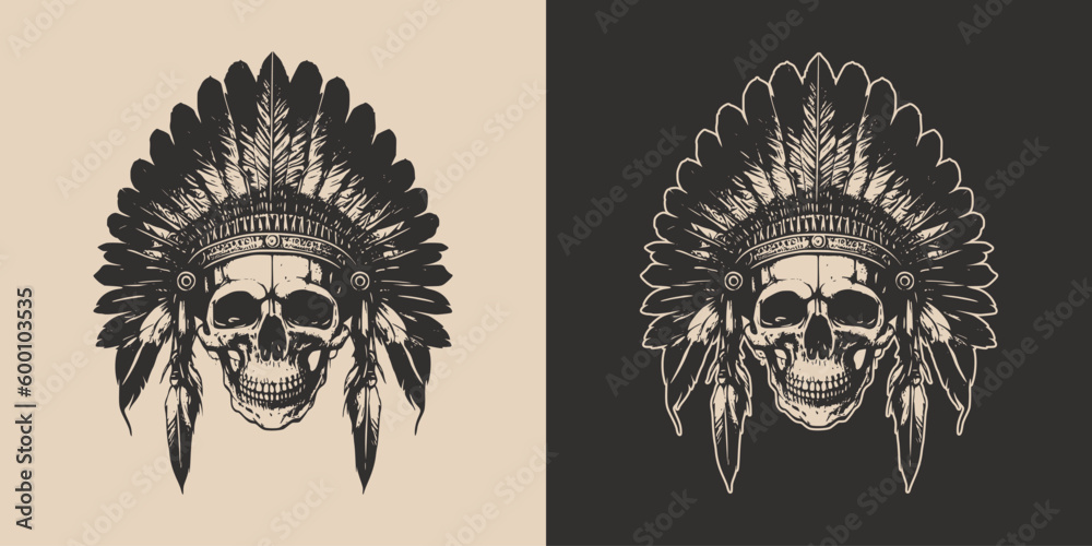 Set of vintage retro scary native american indian apache chief skull ...