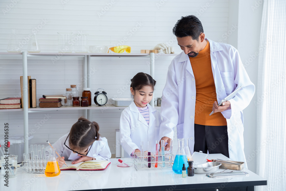 Science laboratory education for kids concept, cute cheerful students ...